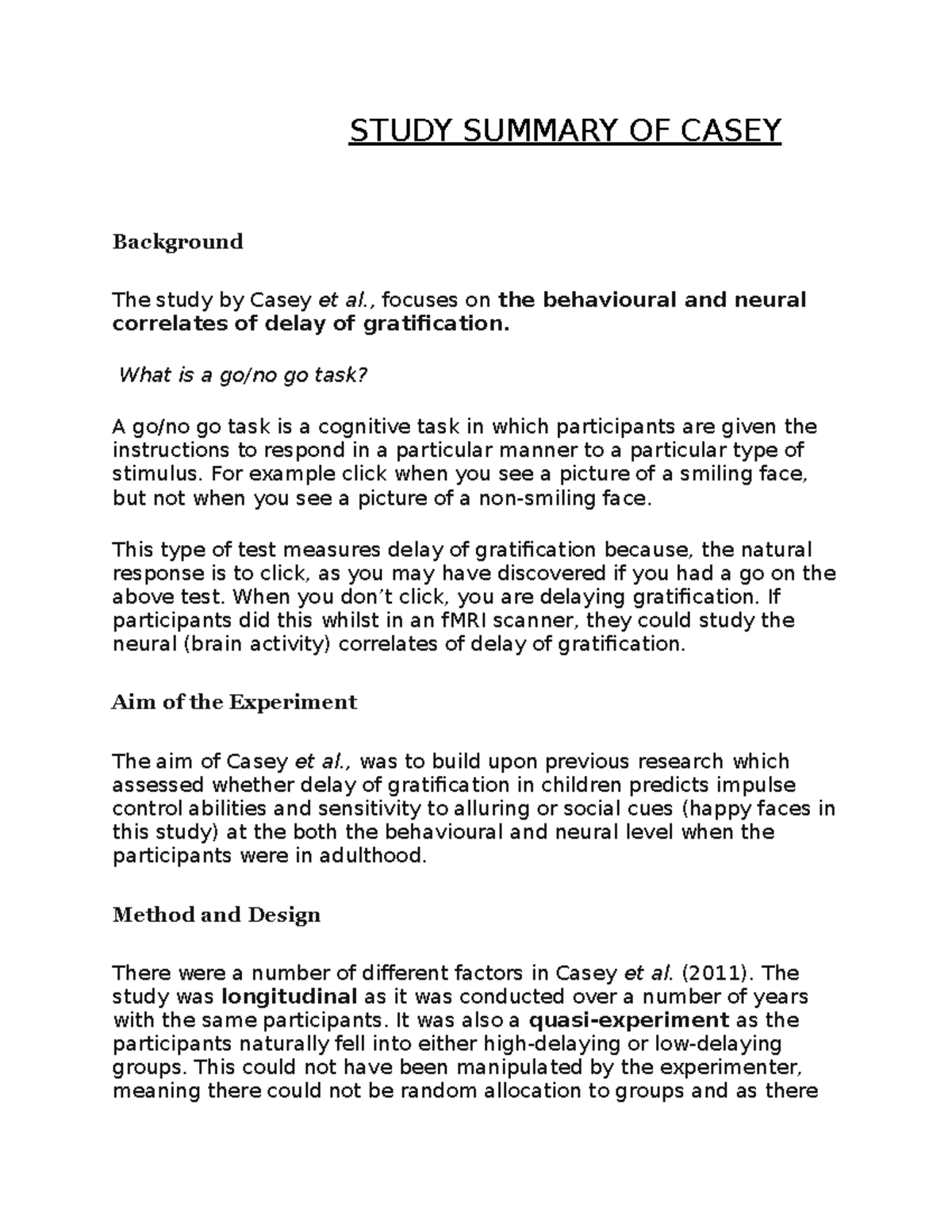 Study Summary OF Casey - STUDY SUMMARY OF CASEY Background The study by ...