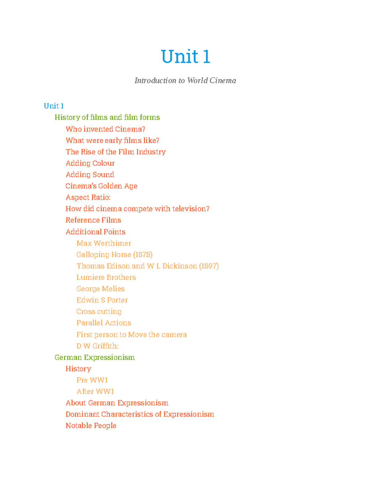 Understanding Films Notes - Unit 1 Introduction to World Cinema Unit 1 ...