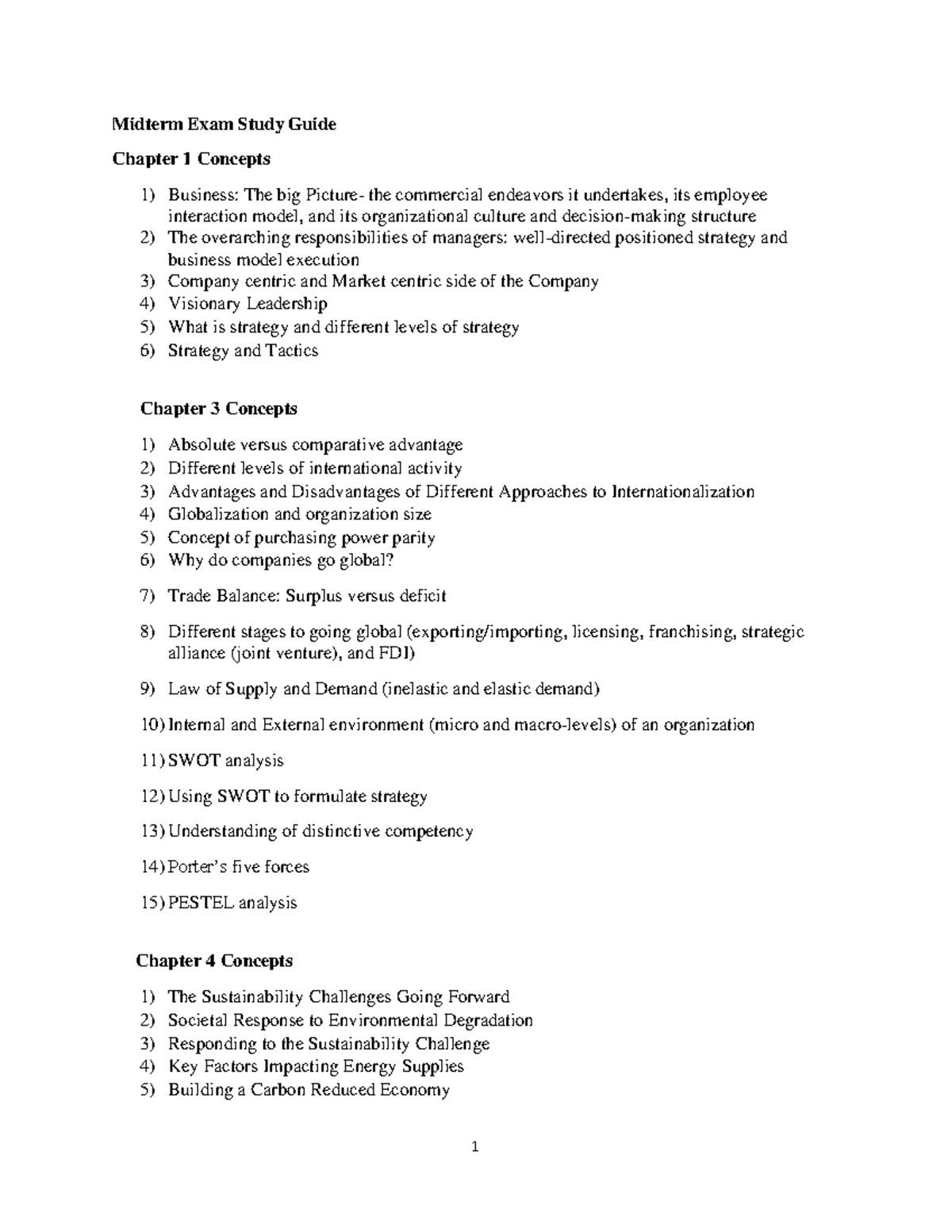 Midterm Exam Study Guide Fall2024 - 1 Midterm Exam Study Guide Chapter 1 Concepts Business: The ...