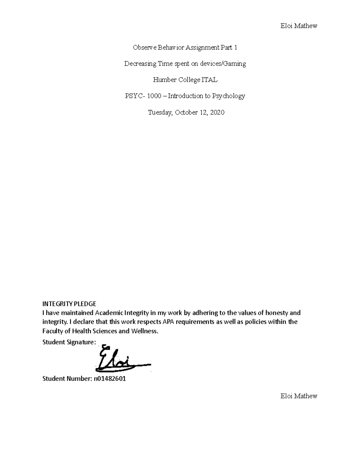 Psychology Observe Behavior Assignment Part1 Eloi Mathew Observe Behavior Assignment Part 1