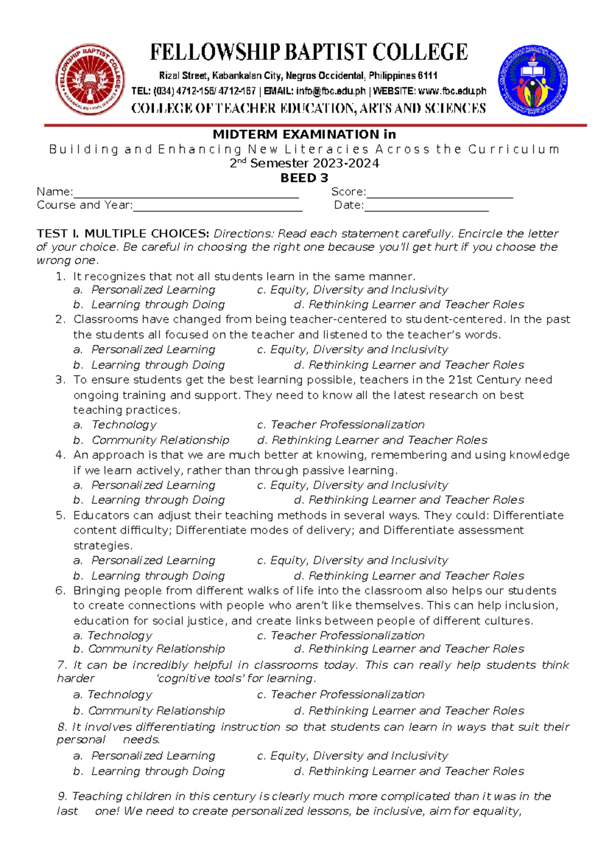 Midterm EXAM Literacy - MIDTERM EXAMINATION in B u i l d i n g a n d E ...