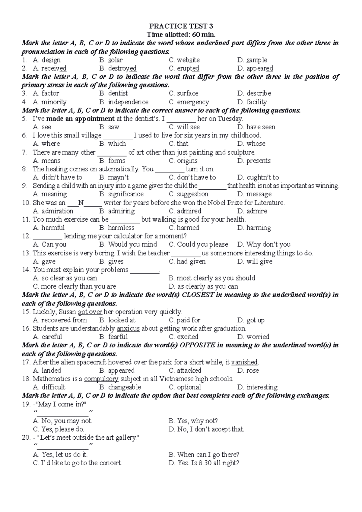 PRAC TEST 3-E9 - yes - PRACTICE TEST 3 Time allotted: 60 min. Mark the ...