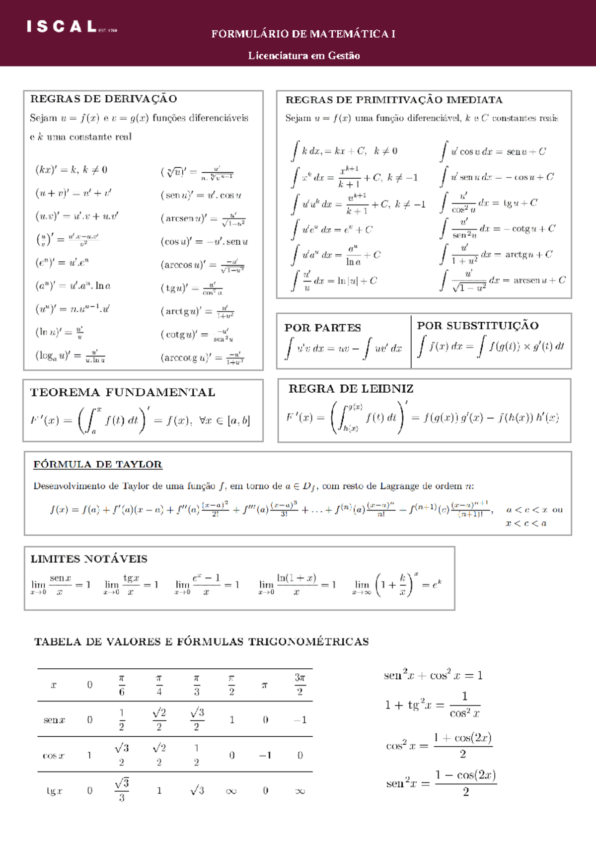 Formulario Matematica I Gestao - ISCAL EST. 1759 FORMULÁRIO DE ...