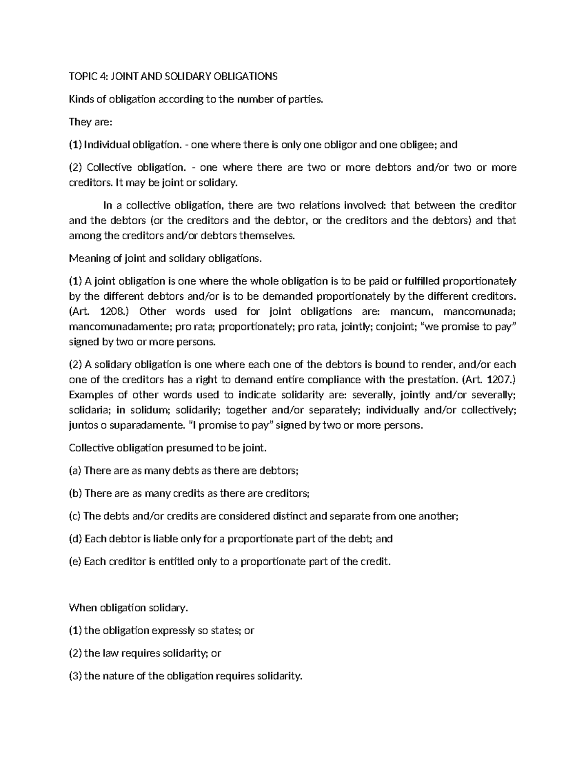 Bsa 1A - notes - TOPIC 4: JOINT AND SOLIDARY OBLIGATIONS Kinds of ...