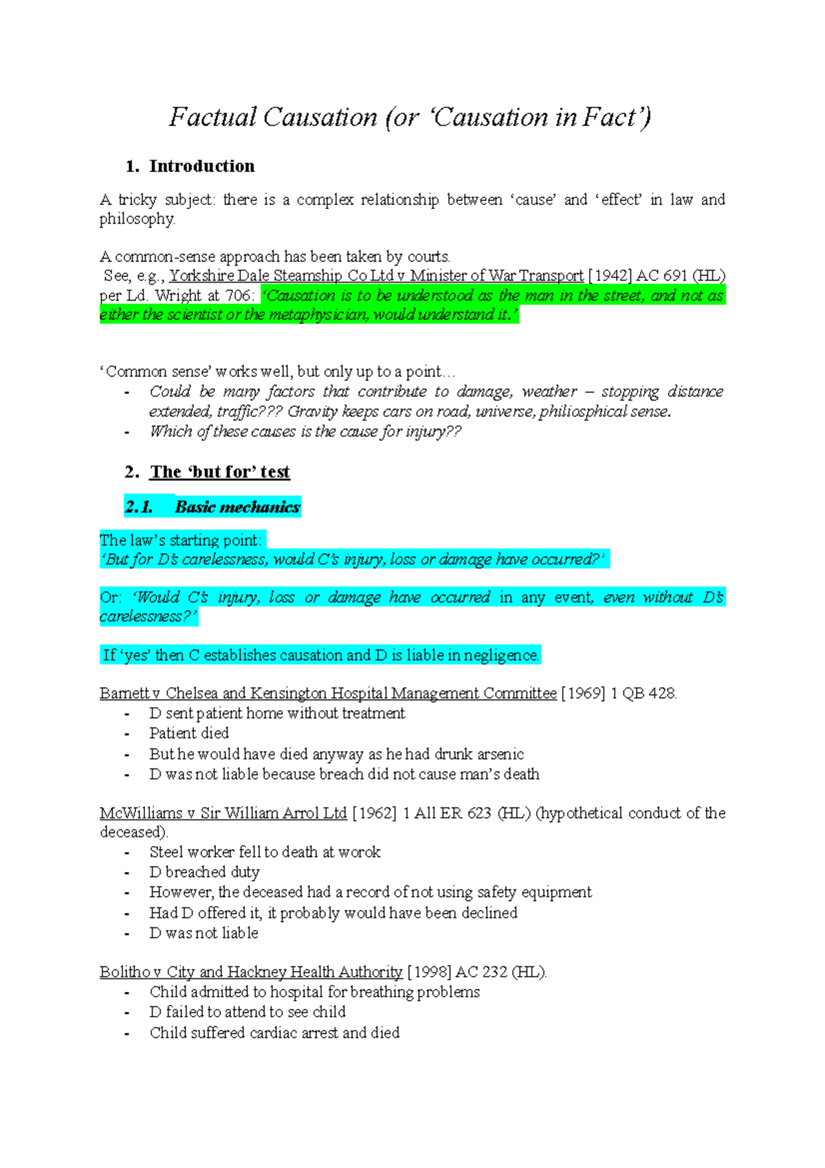 Law of Tort - Factual Causation - Factual Causation (or ‘Causation in ...