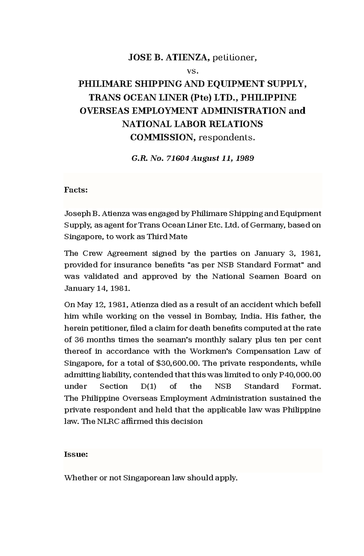 Atienza v. Philimare Shipping - JOSE B. ATIENZA, petitioner, vs ...