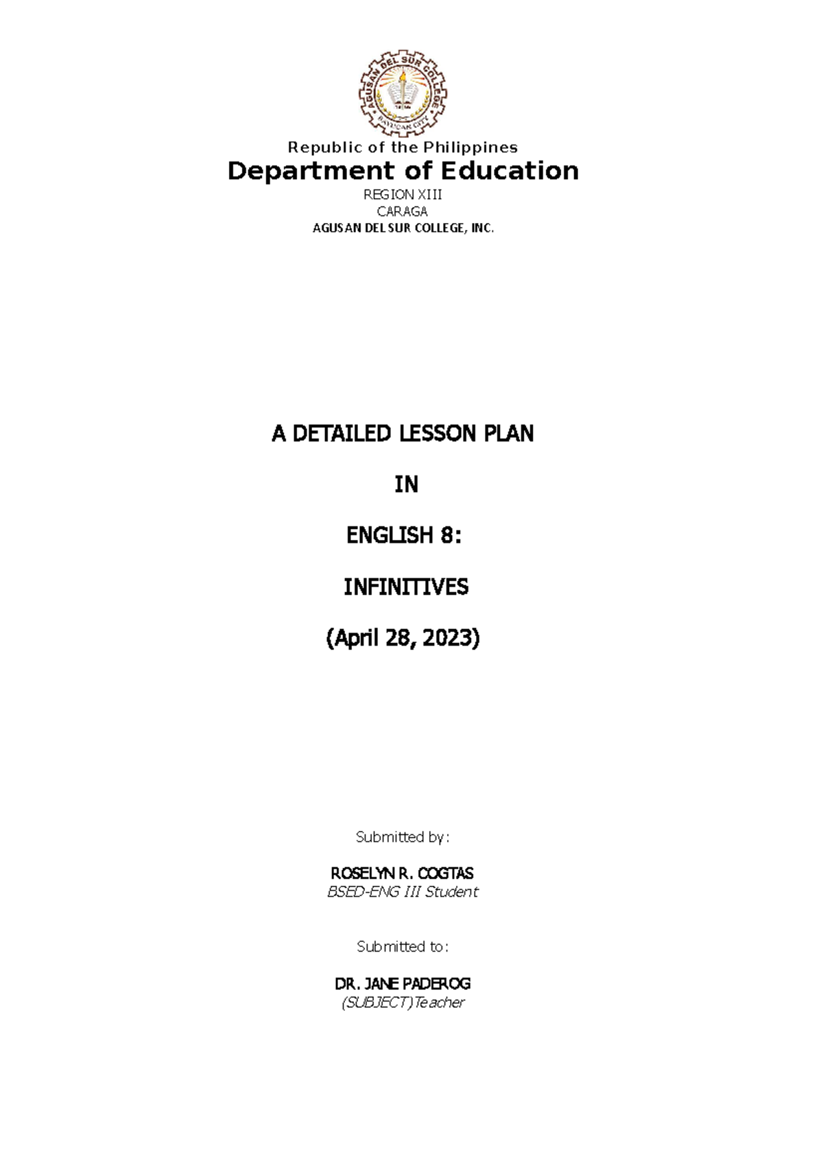Infinitives DLP - LESSON PLAN - Republic of the Philippines Department ...
