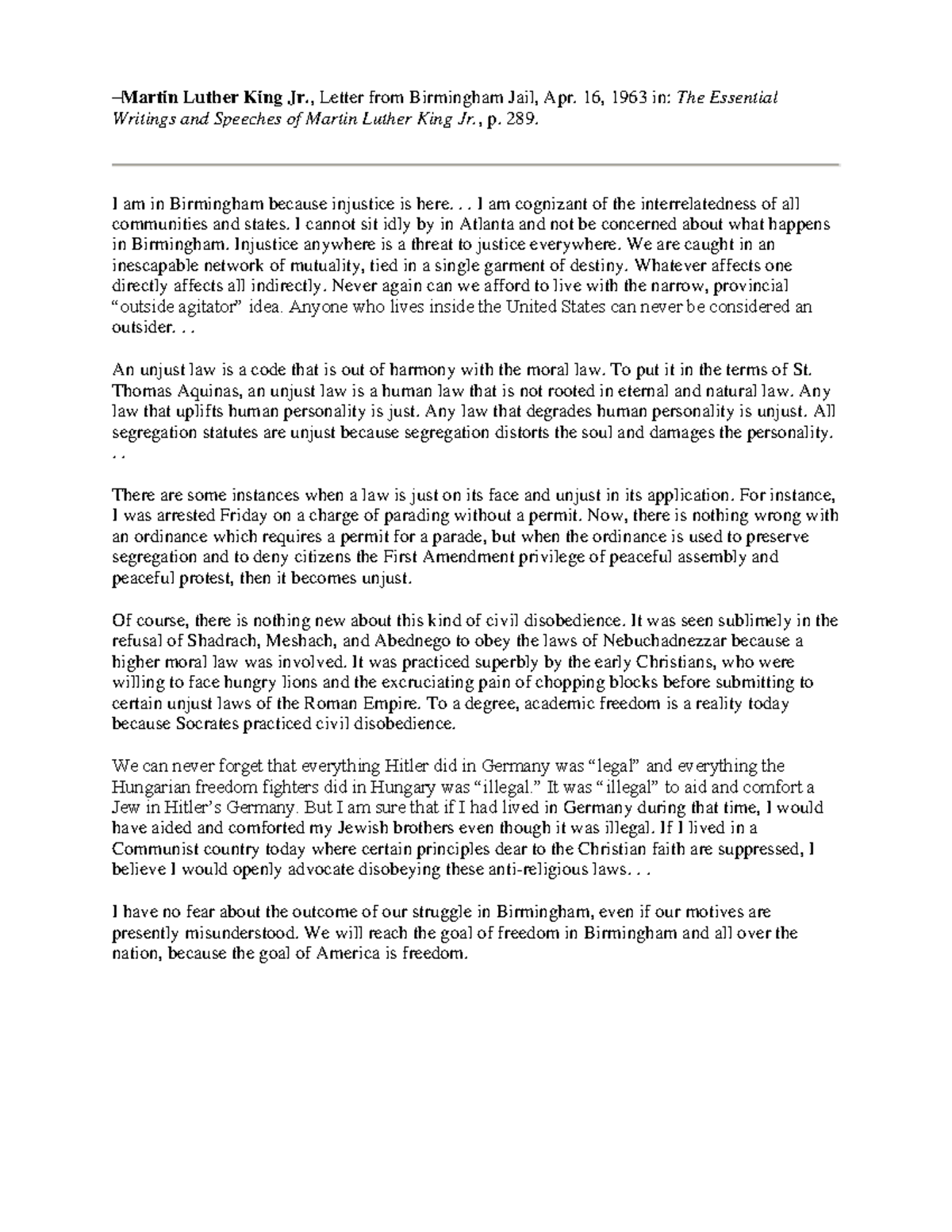 Letter from Birmingham Jail - Martin Luther King Jr., Letter from ...