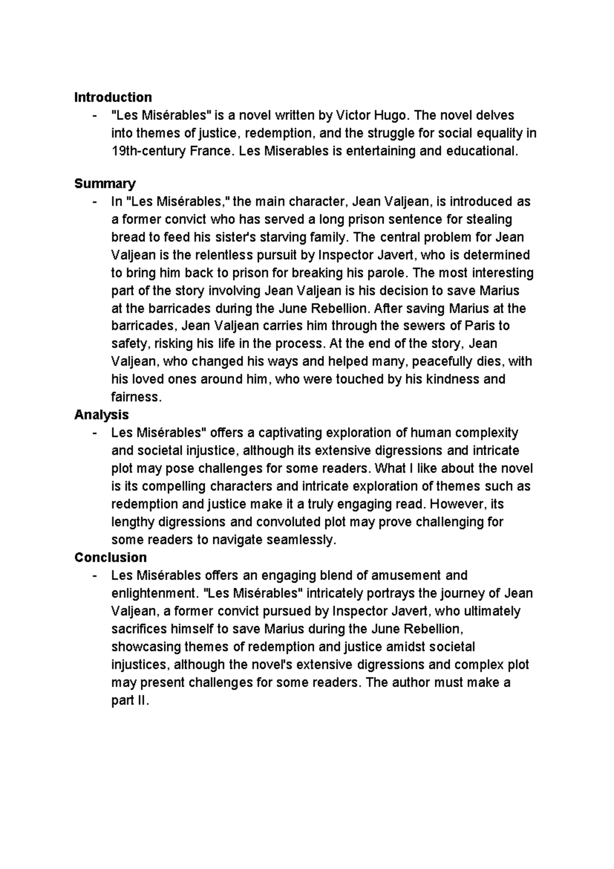 Writing a literary critique - Introduction - "Les Misérables" is a ...