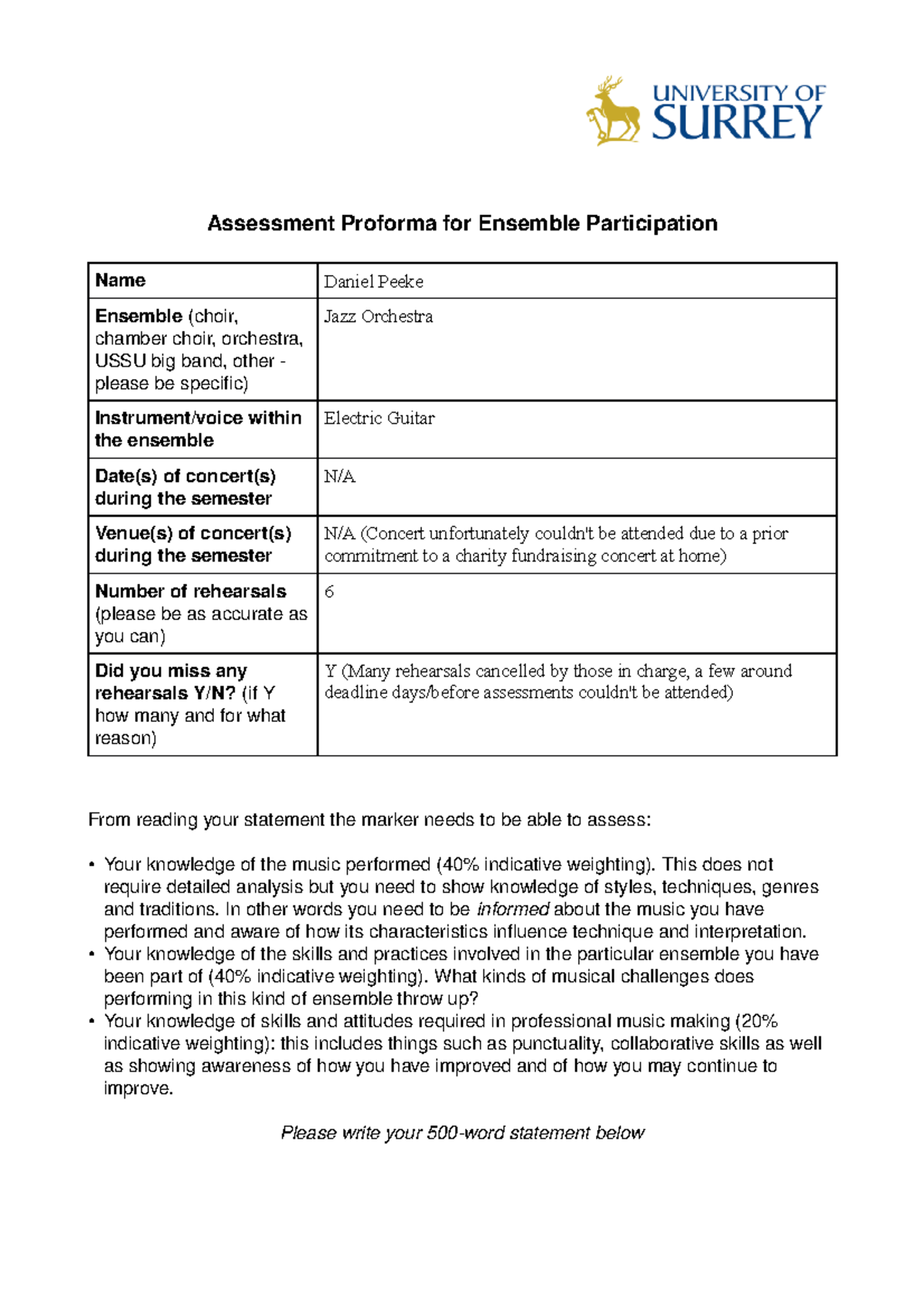 Ensemble Proforma - Assessment Proforma for Ensemble Participation Name ...