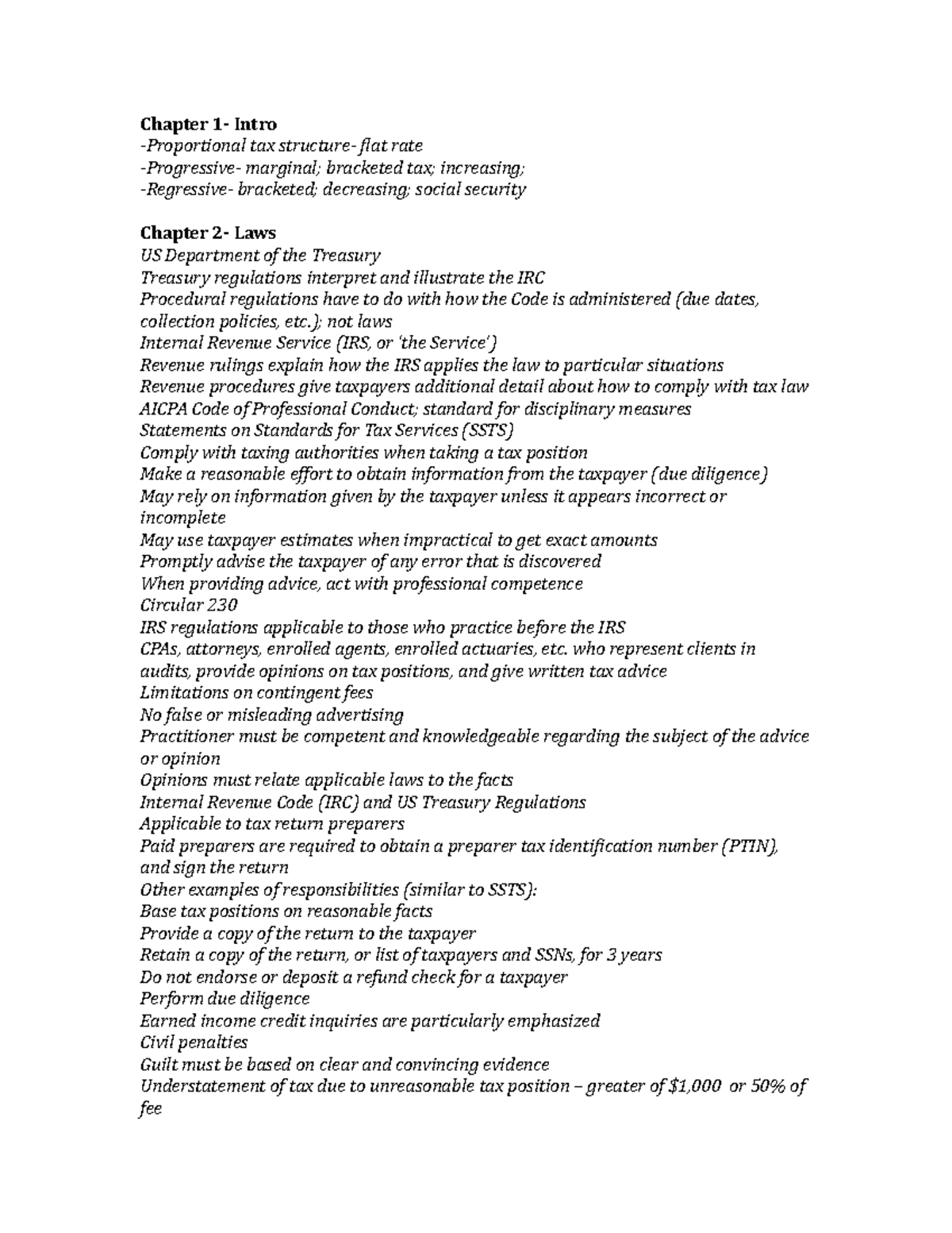 Tax cheat sheet - Lecture notes 1-14 - Chapter 1- Intro -Proportional ...