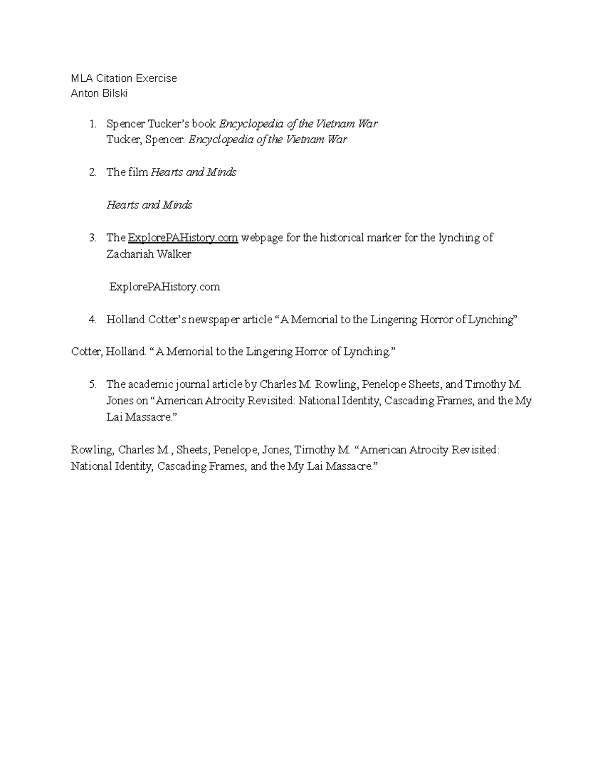 MLA Citation Exercise WRT200 - MLA Citation ExerciseAnton Bilski ...