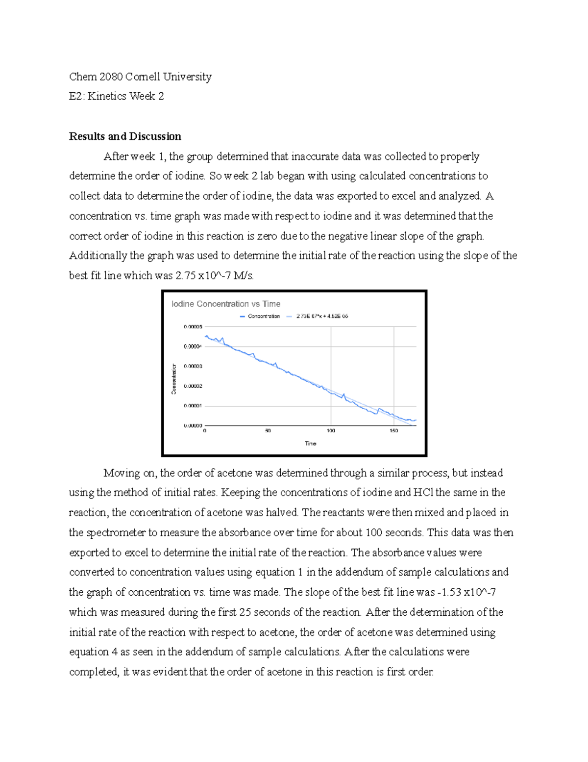 E2 - Result and Discussion - Chem 2080 Cornell University E2: Kinetics ...