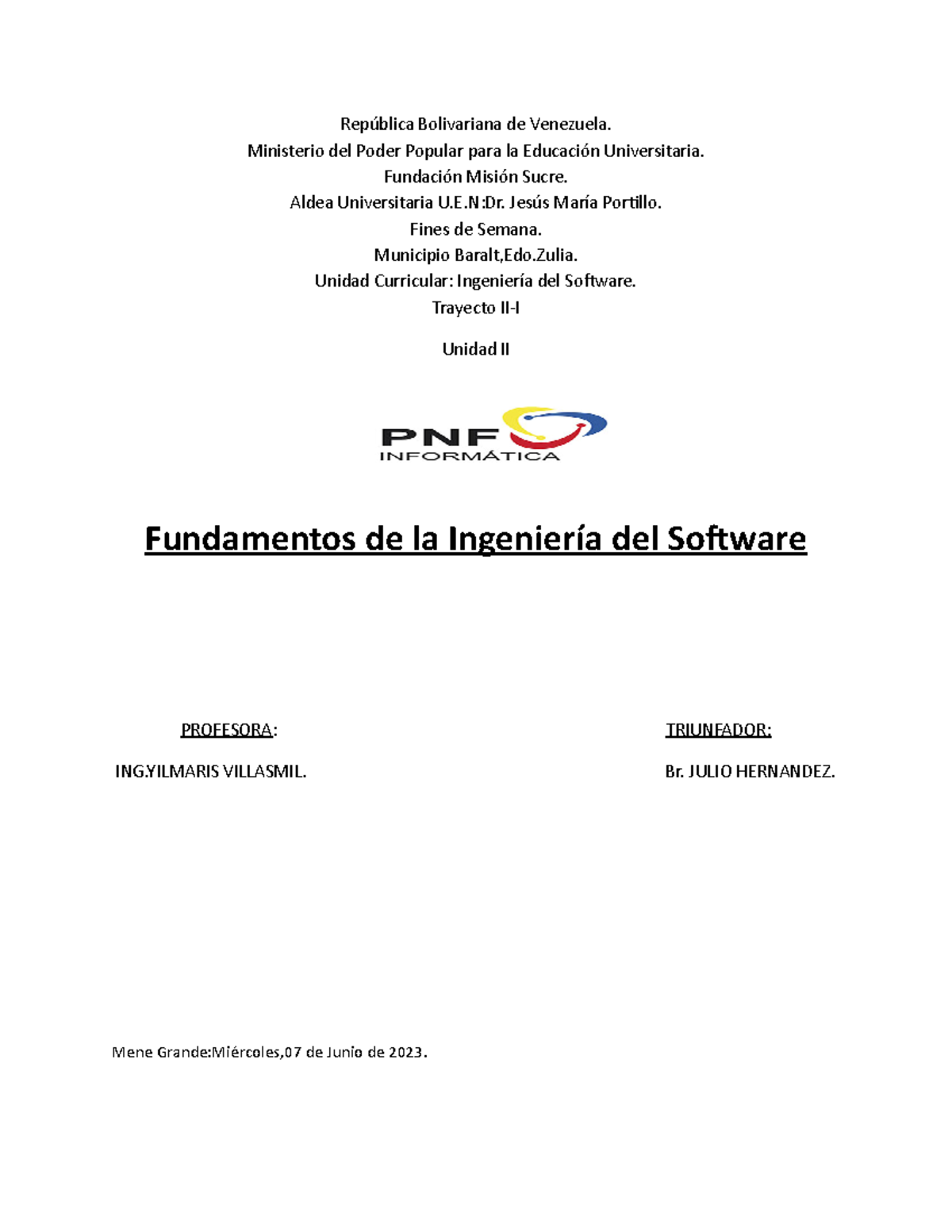 Ingenieria del software.unidad II - República Bolivariana de Venezuela. Ministerio del Poder ...
