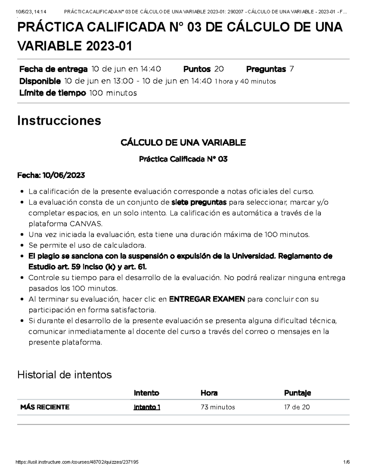 Práctica Calificada N° 03 DE Cálculo DE UNA Variable 2023-01 290207 - Cálculo DE UNA Variable ...