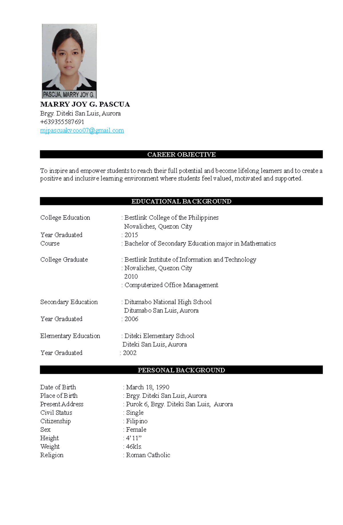 Resume - MARRY JOY G. PASCUA Brgy. Diteki San Luis, Aurora +639 ...
