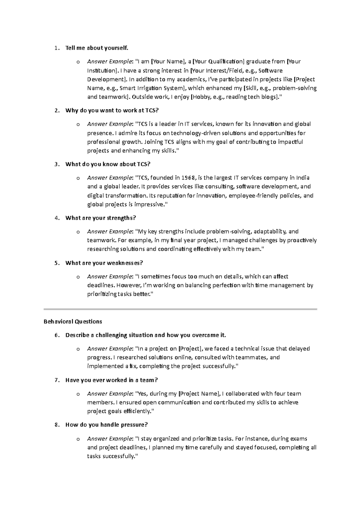 HR TCS - HR Question - Tell me about yourself. o Answer Example: "I am ...