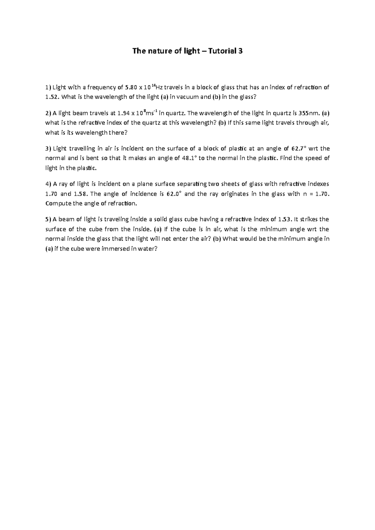 The Nature of Light Tutorial 3 - The nature of light – Tutorial 3 1 ...