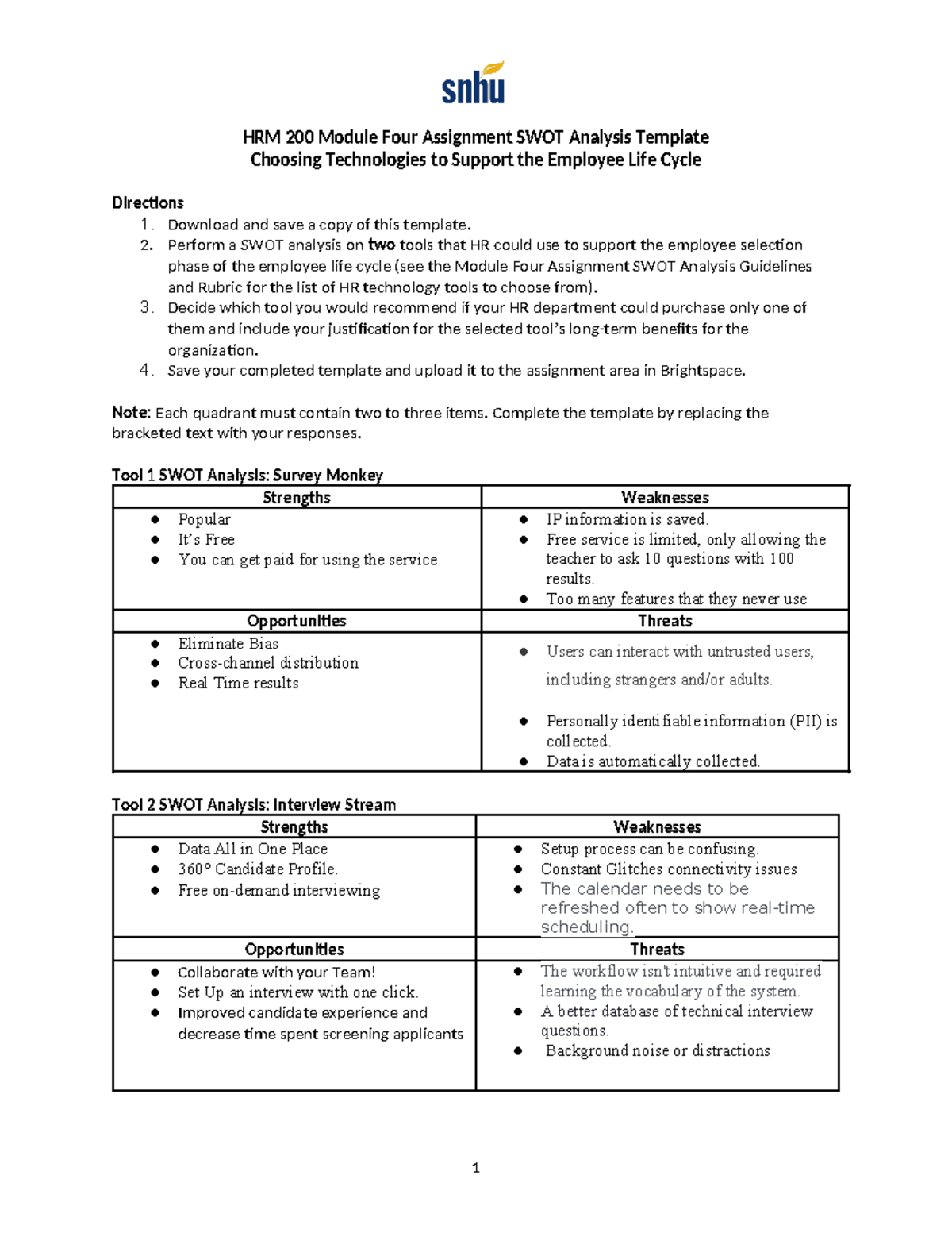 Hrm 200 Module Four Assignment Swot Analysis Template Download And Save A Copy Of This