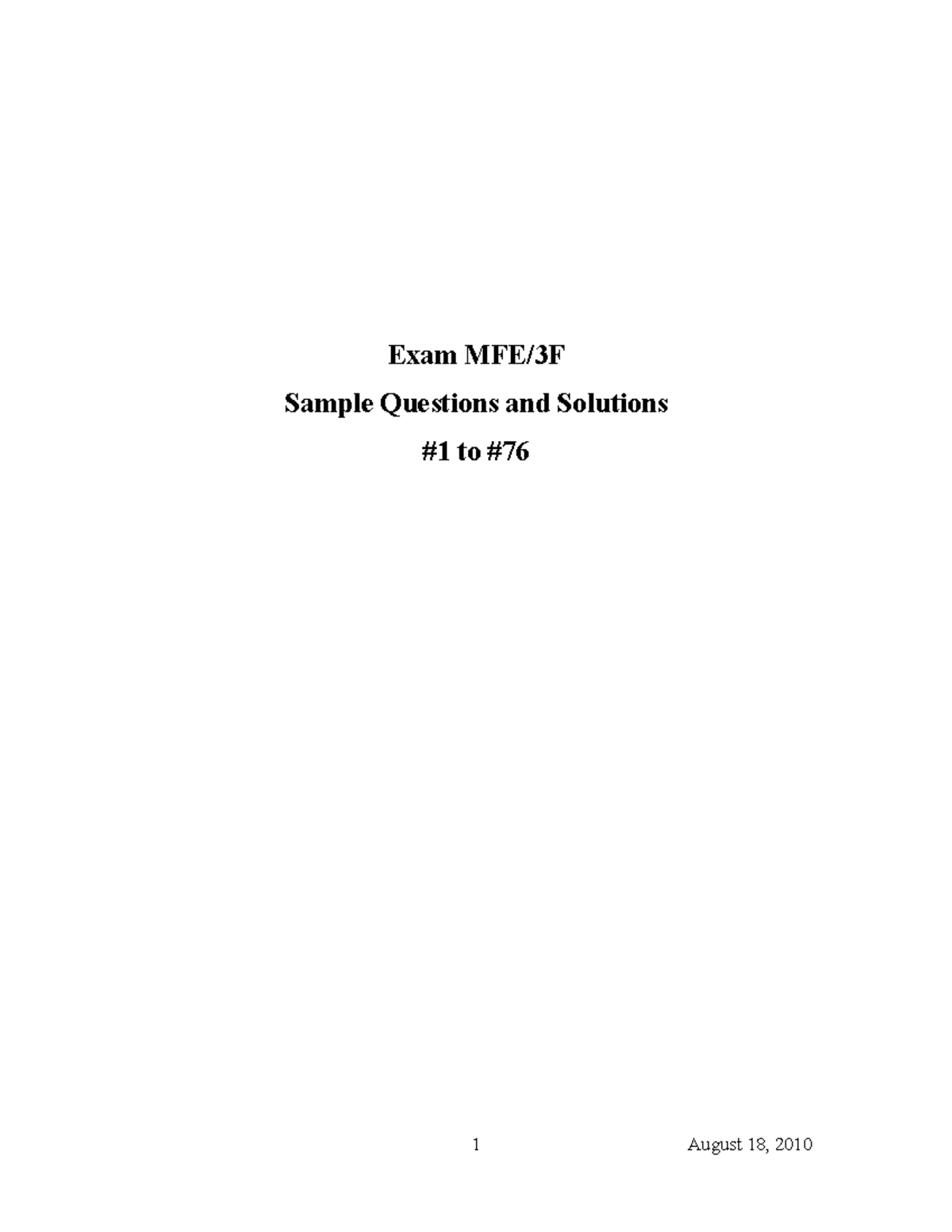 Practice Questions - Exam MFE/3F Sample Questions and Solutions #1 to ...