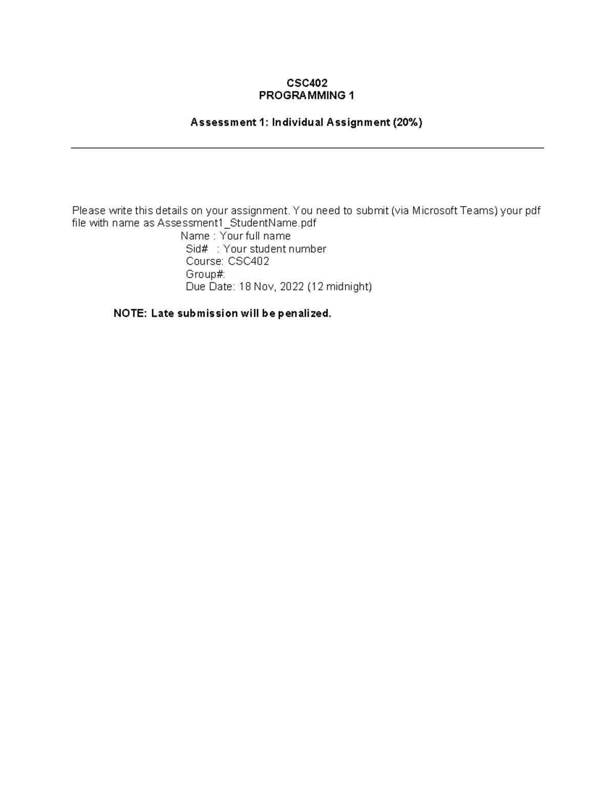 Csc402 Assessment 1 Assignment 1 Csc Programming 1 Assessment 1 Individual Assignment 20