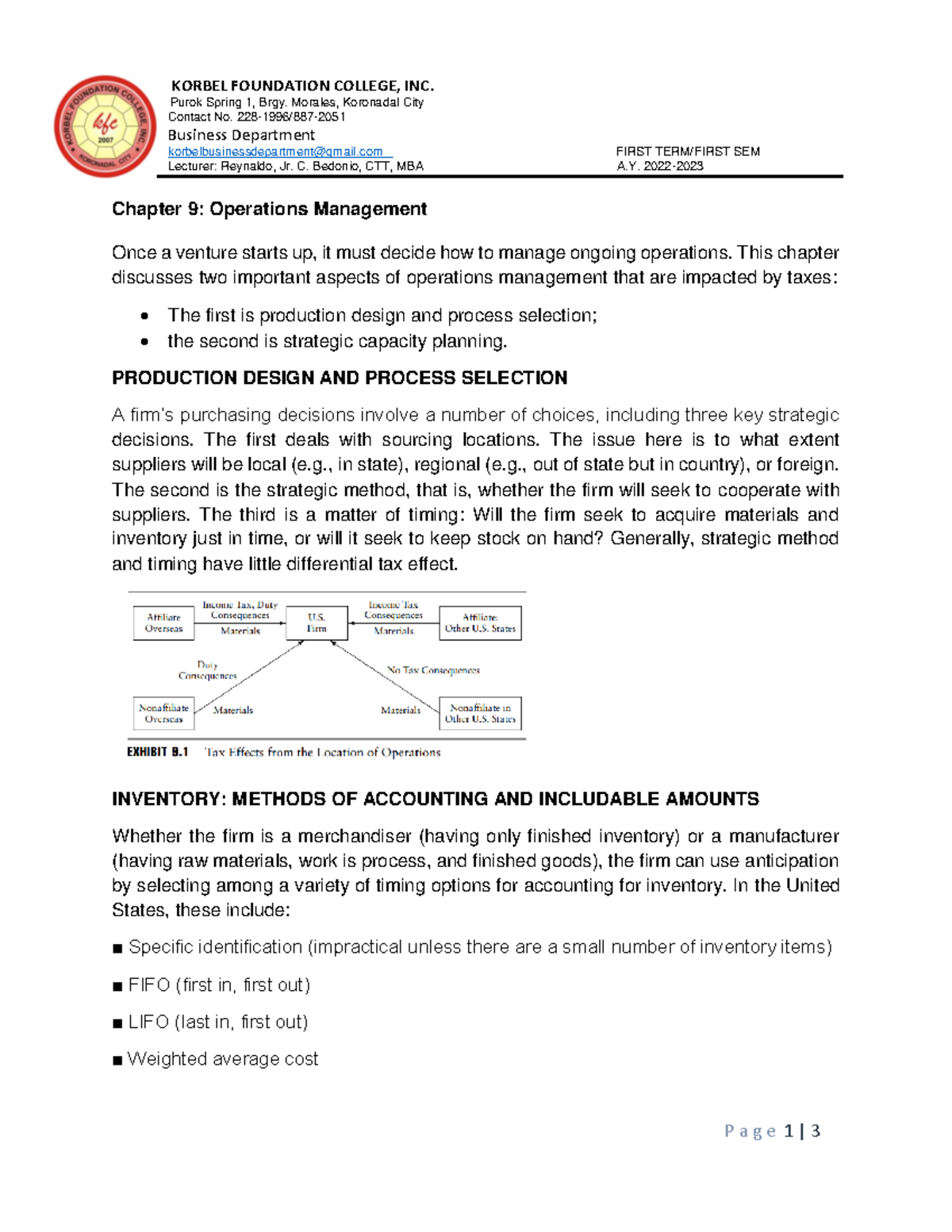 Chapter 9 - Operations Management - KORBEL FOUNDATION COLLEGE, INC. Purok Spring 1, Brgy ...