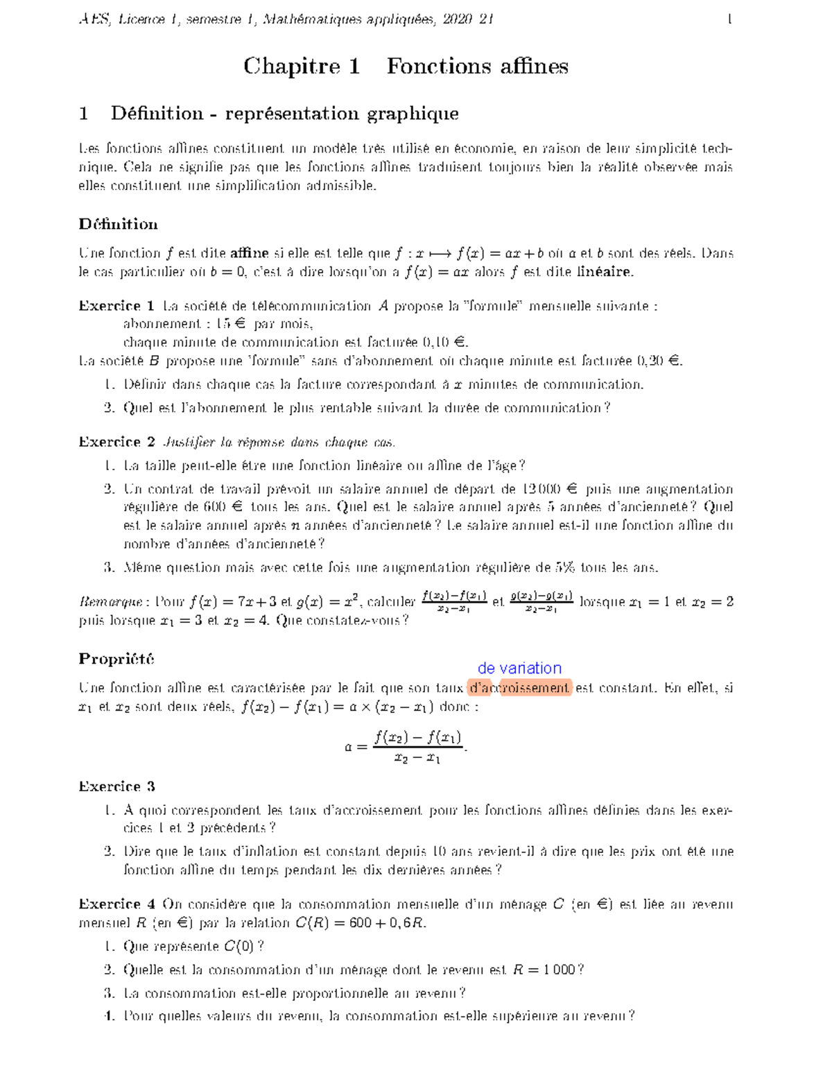 Exercices affines - Chapitre 1 Fon tions a nes 1 Dé nition ...