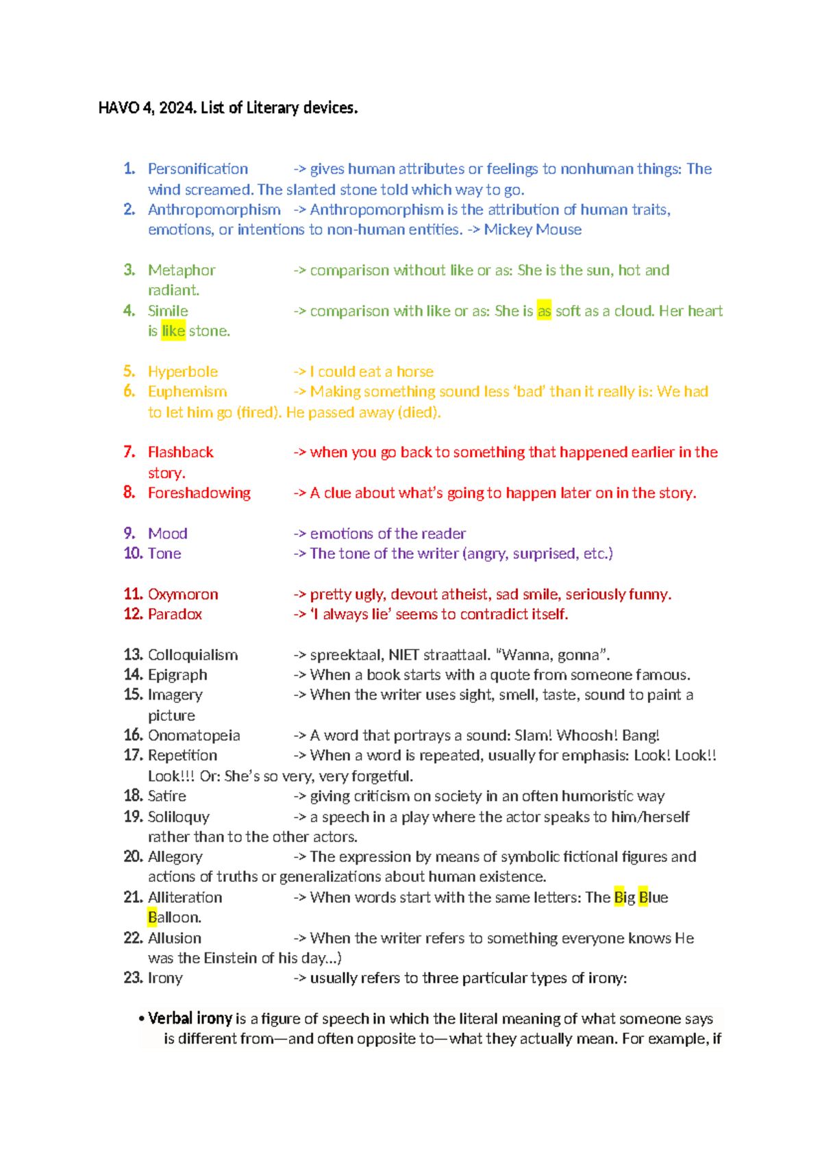 Literary devices V4 2023-24 - HAVO 4, 2024. List of Literary devices. 1 ...