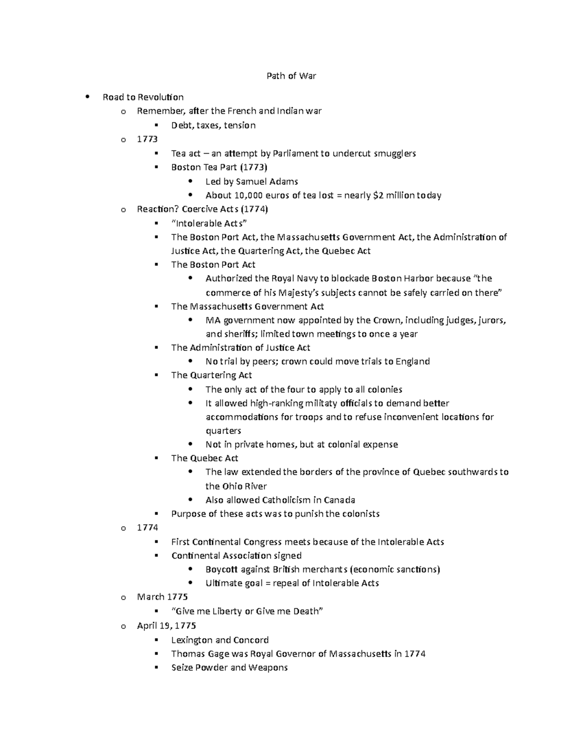 Class 11: Path of War - Path of War Road to Revolution o Remember ...