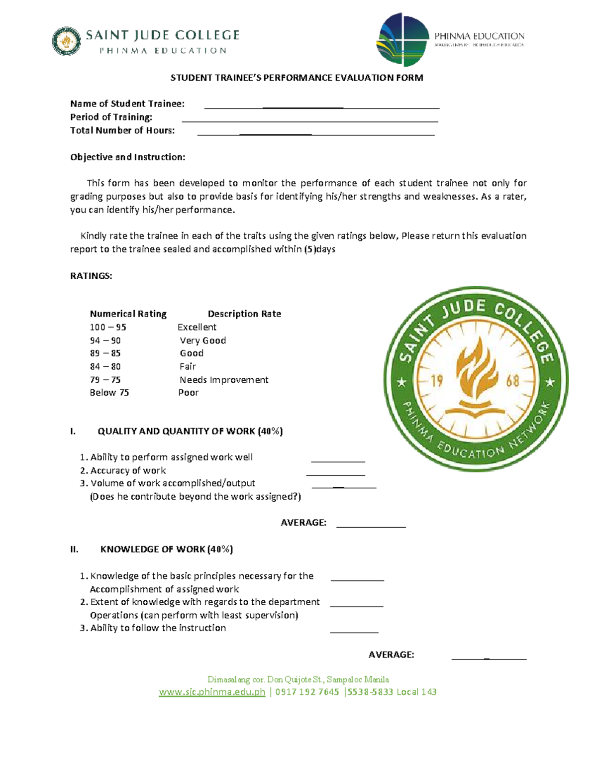 Student Evaluation Sheet OJT SY 2223 - STUDENT TRAINEE’S PERFORMANCE ...