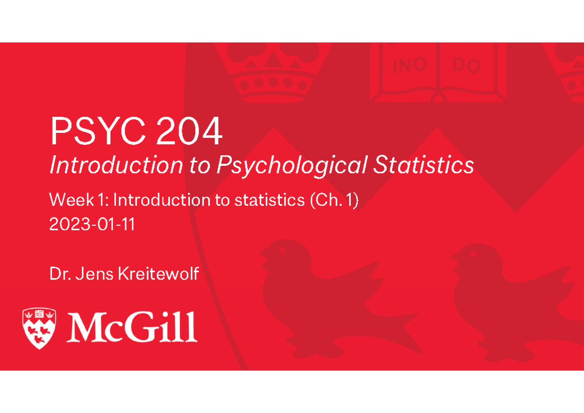 Lecture 2 Psyc 204 Introduction To Psychological Statistics Week 1 Introduction To Statistics