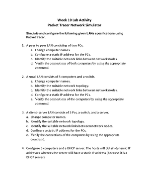 Week 11 Lab Activity Configurtion of DHCP Cisco Packet Tracer - Lab 1.2 Configuring DHCP ...