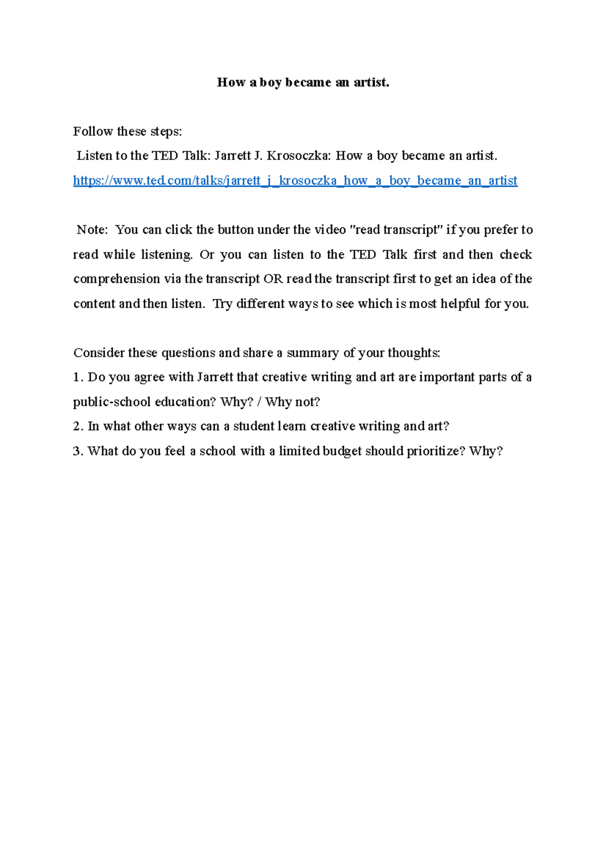 2-How a boy became an artist - Follow these steps: Listen to the TED ...