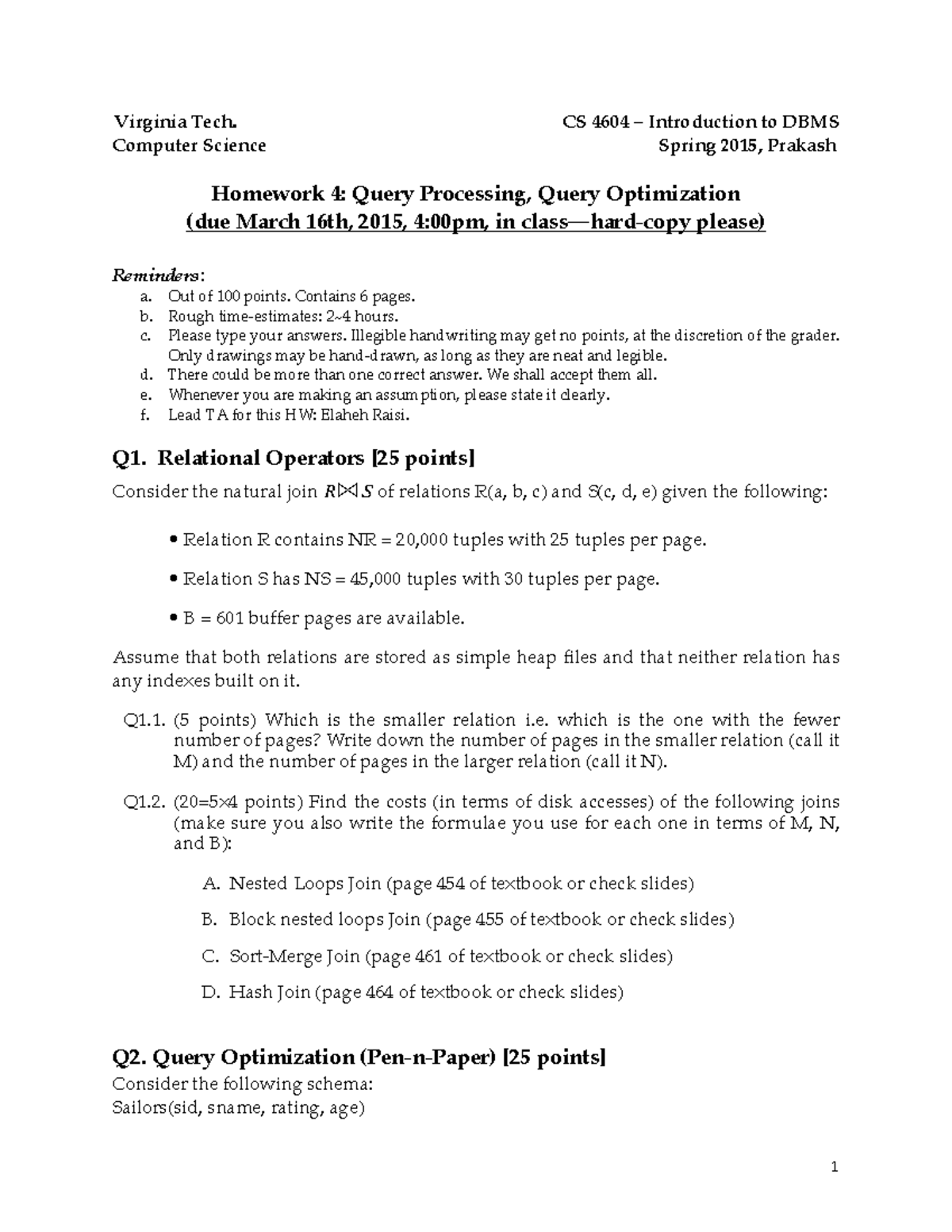 HW4 - Tygg - Virginia Tech. CS 4604 – Introduction to DBMS Computer Science Spring 2015, Prakash ...