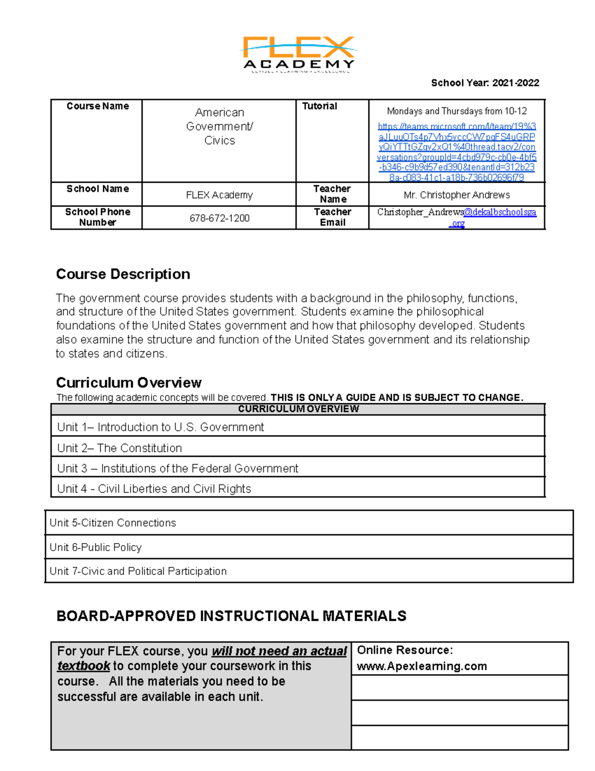 American Government and Civics Syllabus - School Year: 2021- Course ...