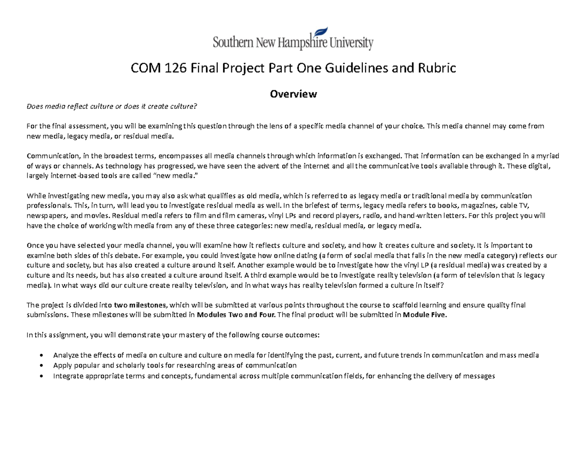 COM 126 Final Project Part One Guidelines and Rubric - This media ...