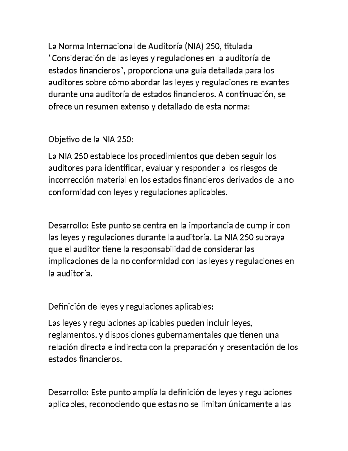 Resumen NIA 250 - NIA 250 - La Norma Internacional de Auditoría (NIA ...