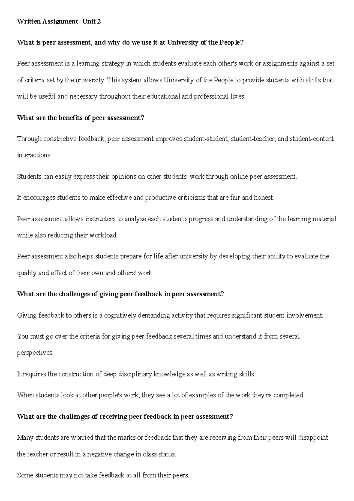Written Assignment- Unit 2 - This system allows University of the People to provide students ...