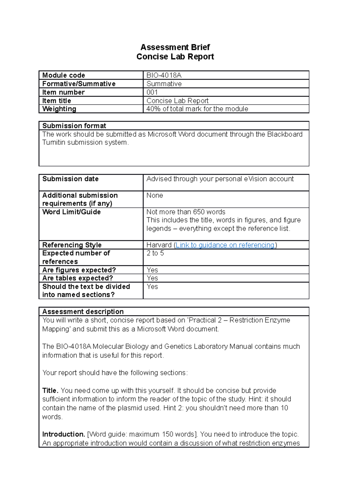 BIO-4018A 001 Concise Lab Report Assessment Brief - Assessment Brief ...
