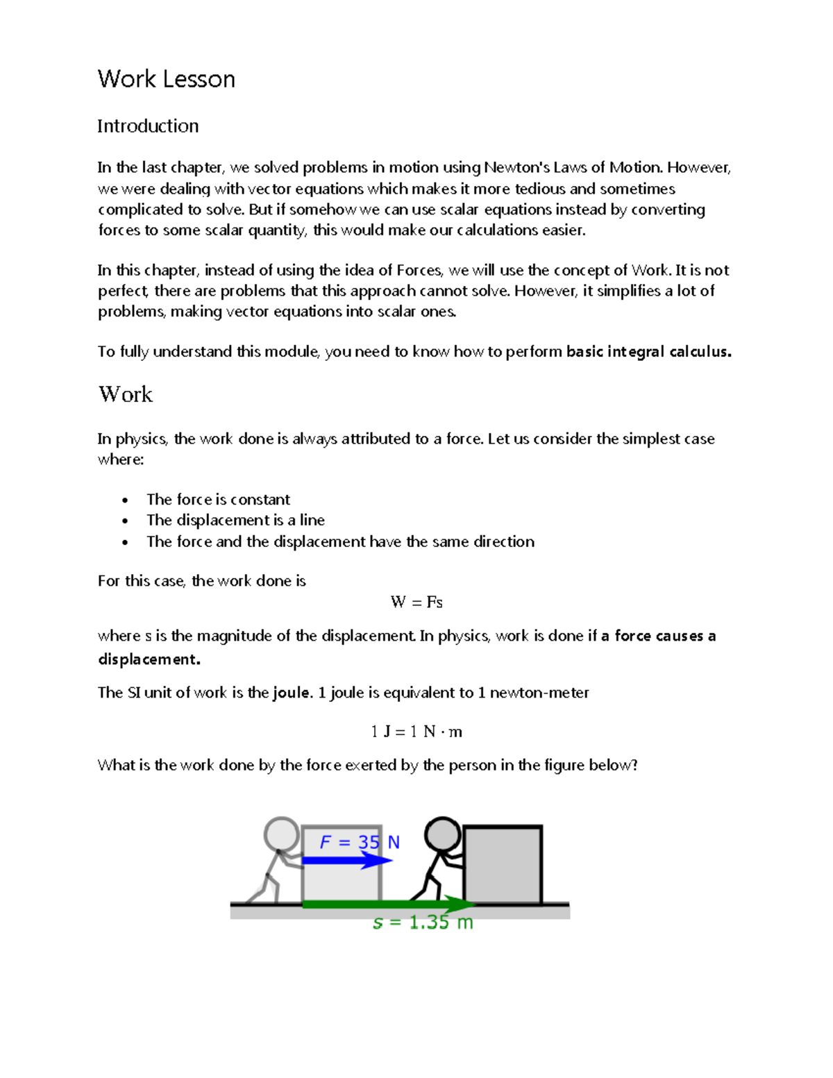 FORCE (basic integral calculus) - Work Lesson Introduction In the last ...