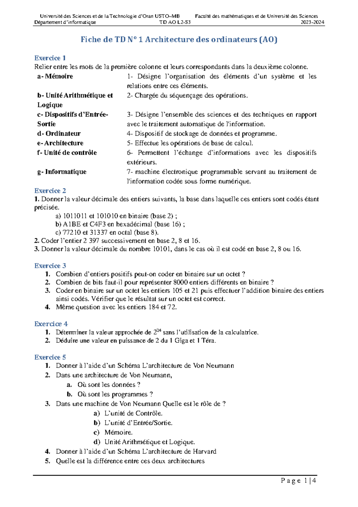 Fiche de TD1 AO USTO 2023-2024 BEK - Département d’informatique TD AO ...