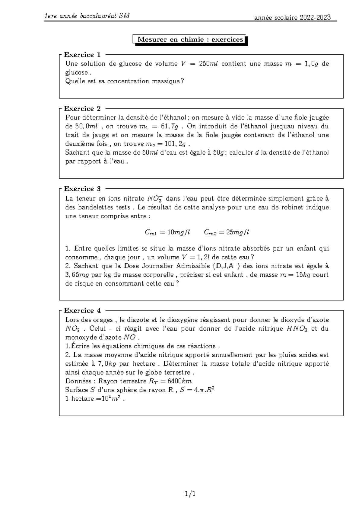 Importance de la mesure en chimie exercices non corriges 1 1 - 1ere ...