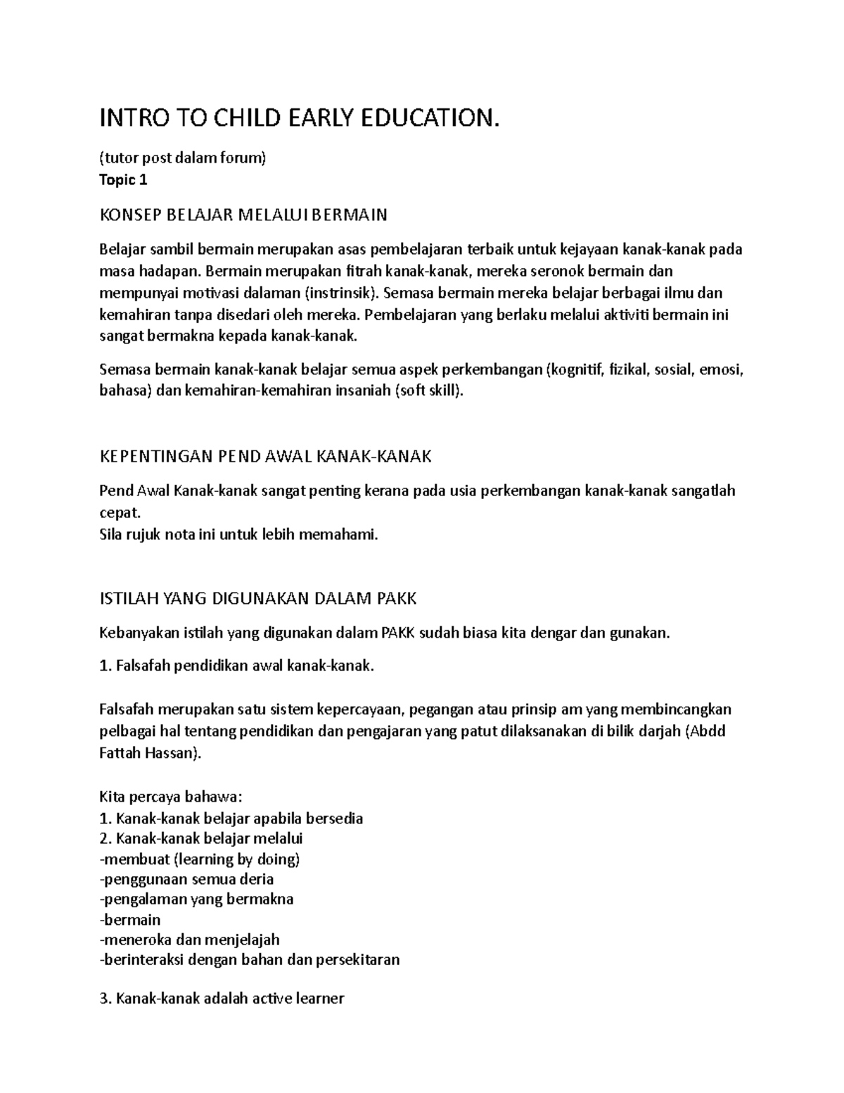 Intro TO Child Early Education - INTRO TO CHILD EARLY EDUCATION. (tutor ...