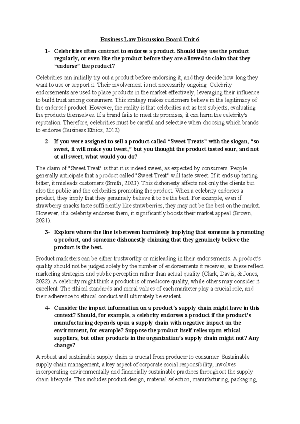 Business Law Discussion Board Unit 6 - Should they use the product ...