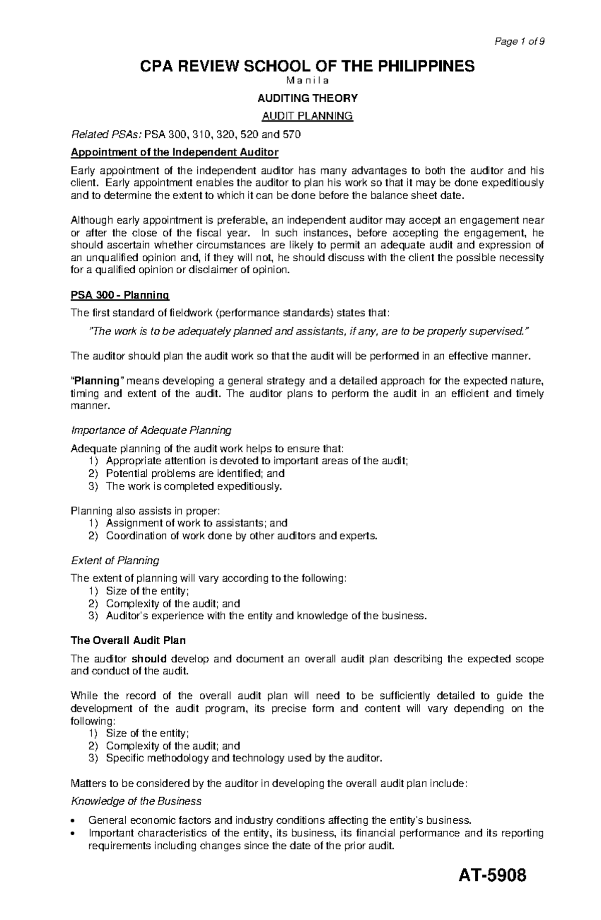 AT - (12)Audit Planning - CPA REVIEW SCHOOL OF THE PHILIPPINES M a n i ...