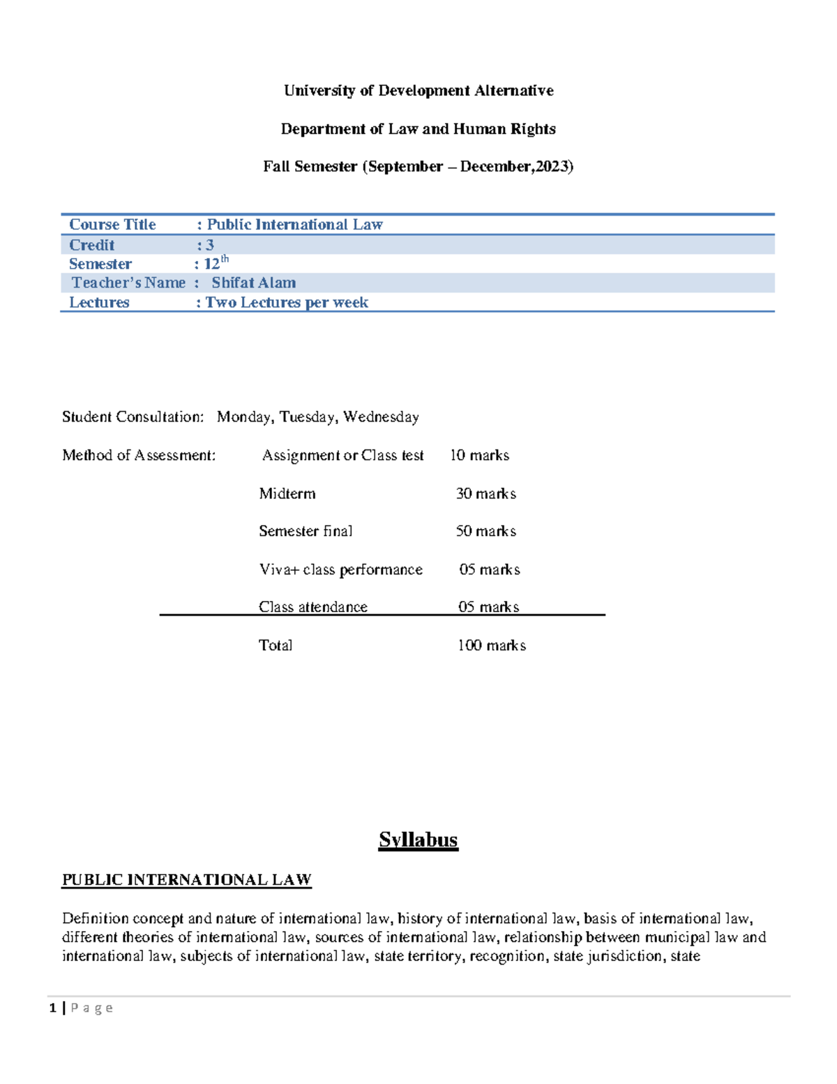 Public int law 2 module - Course outline - University of Development ...