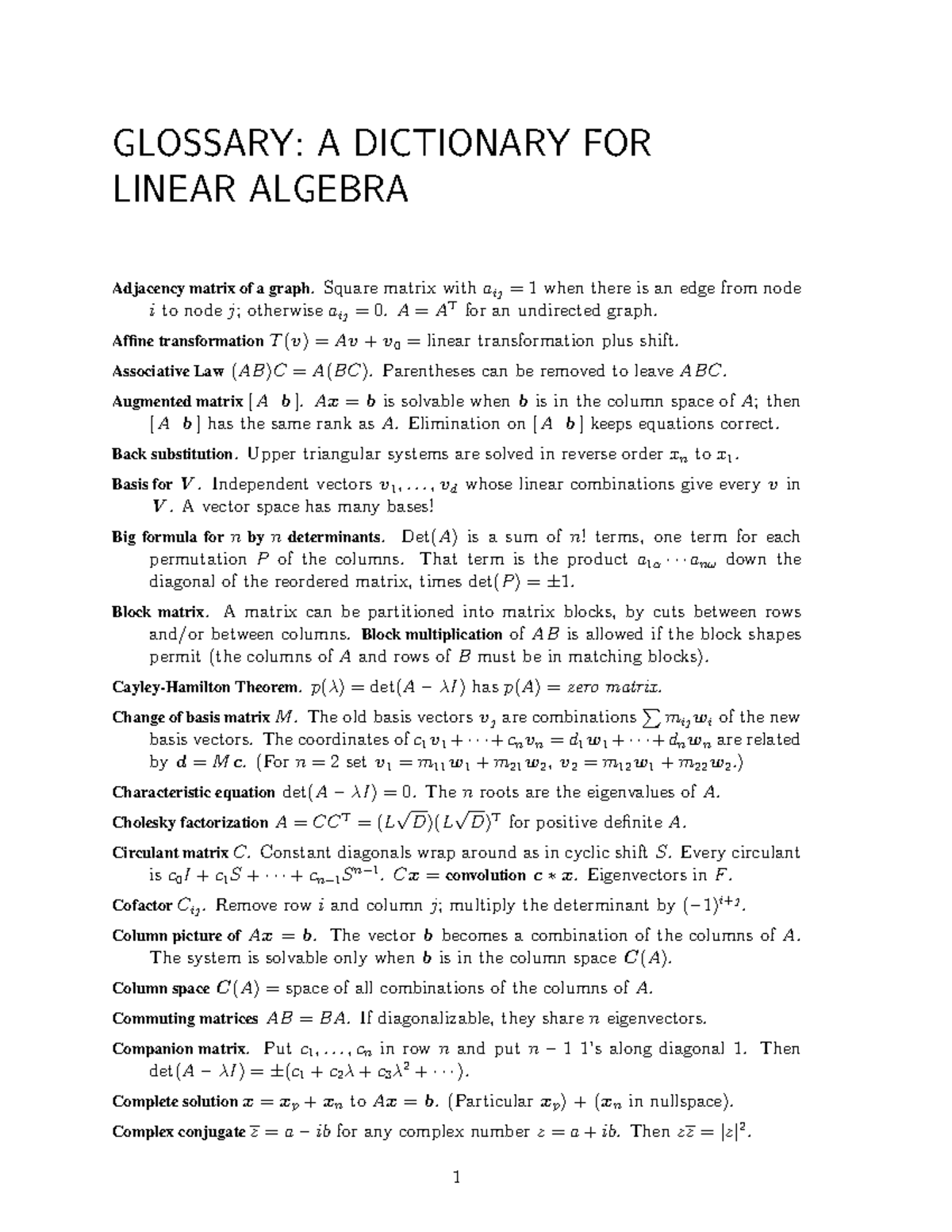 Glossary - Important definitions - GLOSSARY: A DICTIONARY FOR LINEAR ...