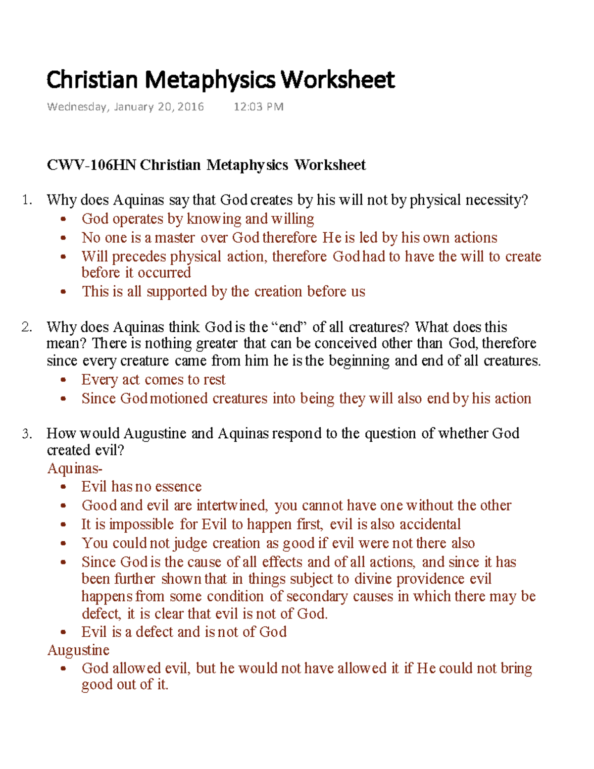 Christian Metaphysics Worksheet - Why does Aquinas say that God creates ...