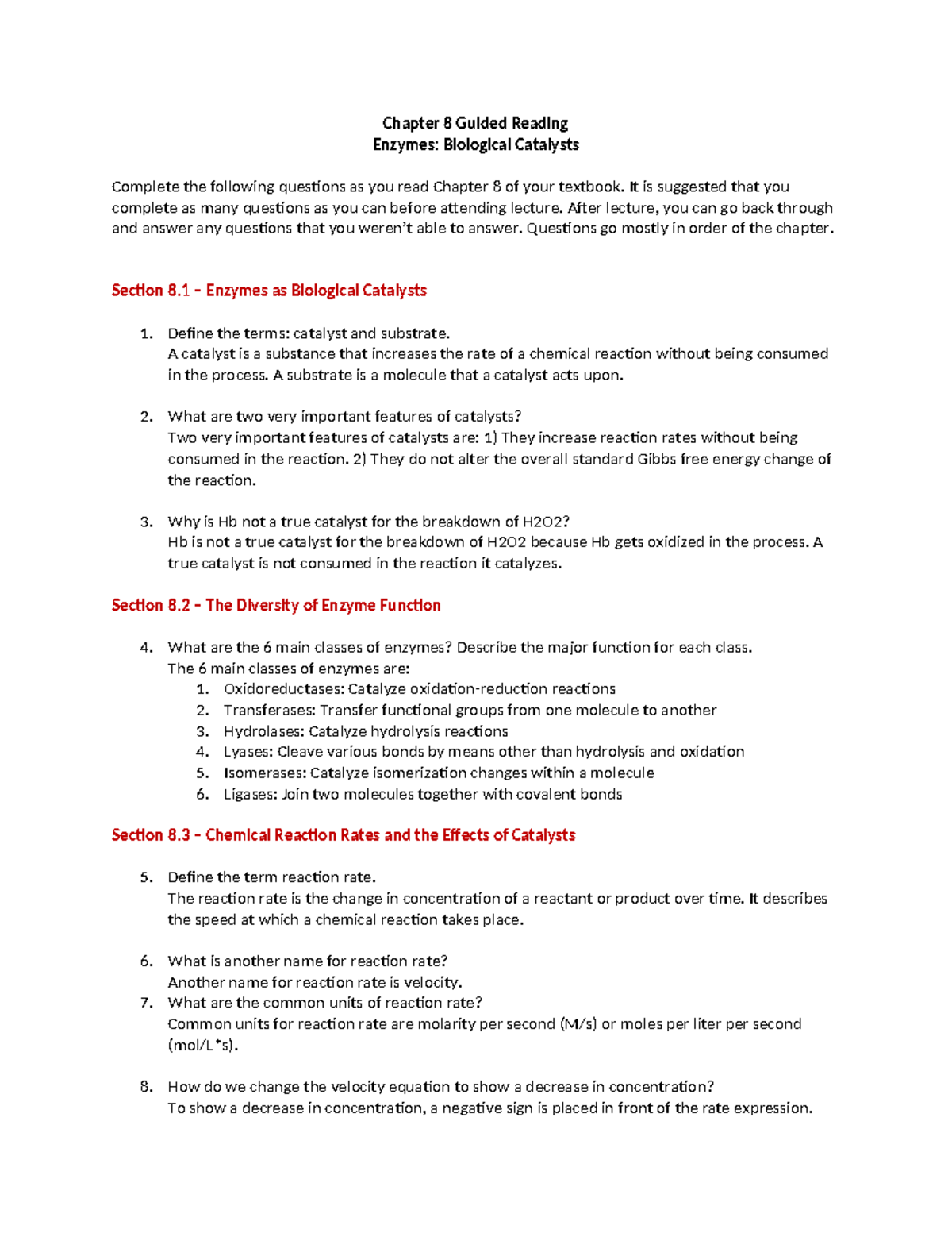 Chapter 8 Guided Reading - Chapter 8 Guided Reading Enzymes: Biological Catalysts Complete the ...