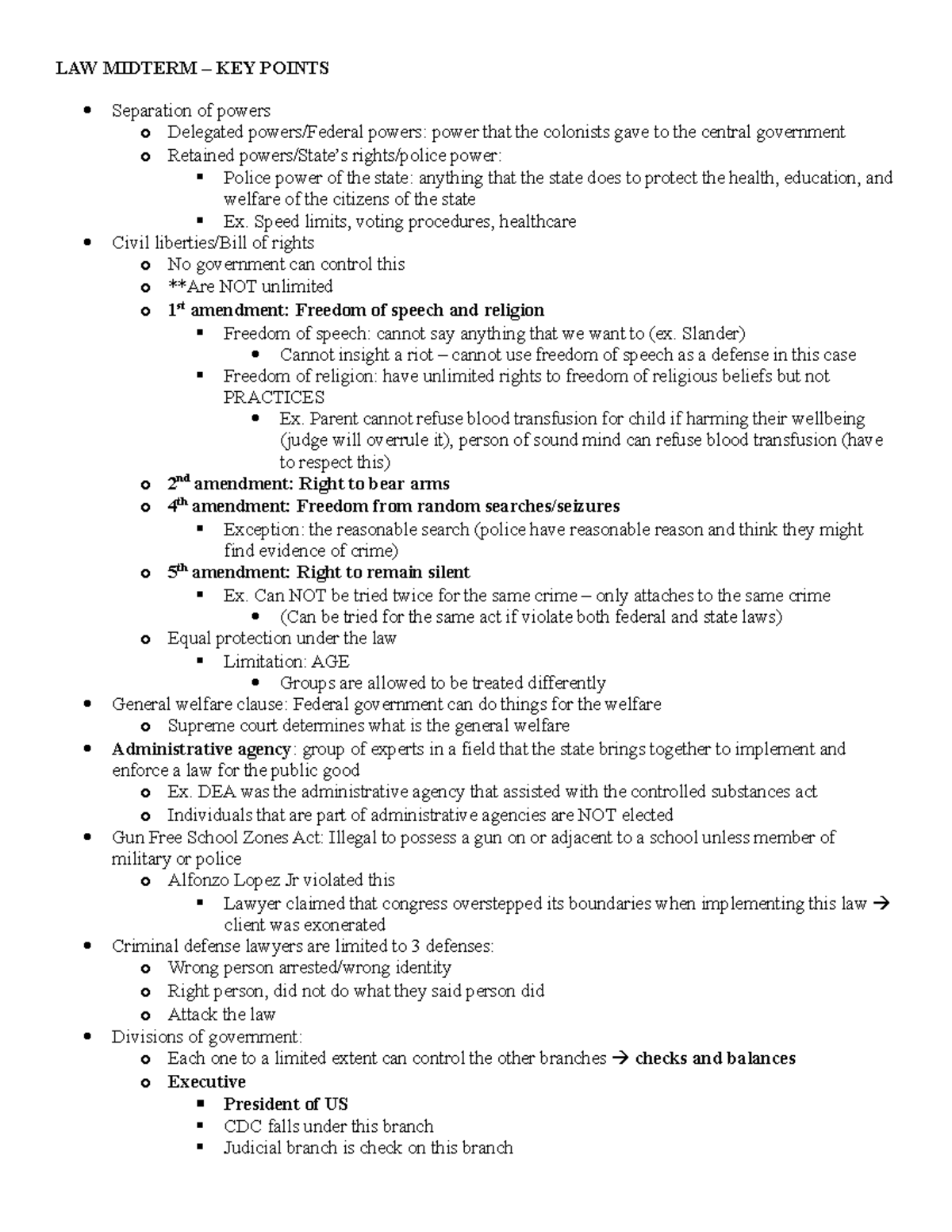 LAW Midterm - Key Points - LAW MIDTERM – KEY POINTS Separation of ...